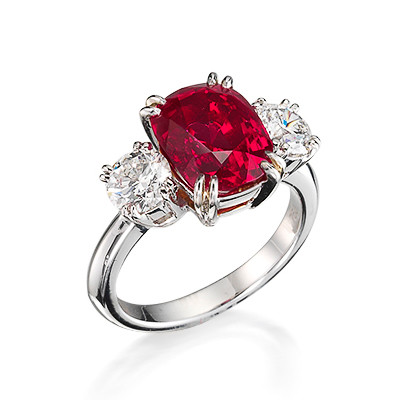 Bonhams : An important ruby and diamond three-stone ring