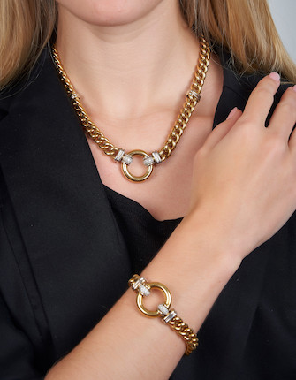 Bonhams : SIGNORETTI 18CT GOLD AND DIAMOND NECKLACE AND BRACELET SUIT