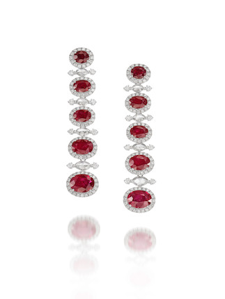 Bonhams : PAIR OF RUBY AND DIAMOND PENDENT EARRINGS