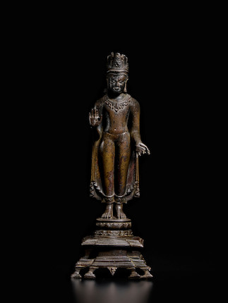 Bonhams : A SILVER INLAID COPPER ALLOY FIGURE OF CROWNED BUDDHA ...