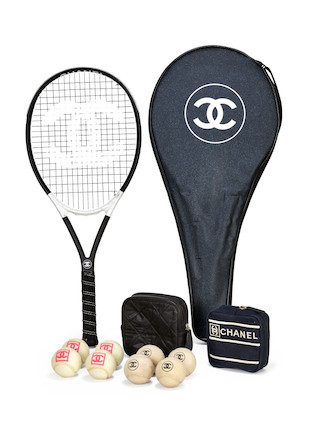 Bonhams : CHANEL TENNIS RACKET & BALL SET INCLUDES EIGHT BALLS IN 2 CASES