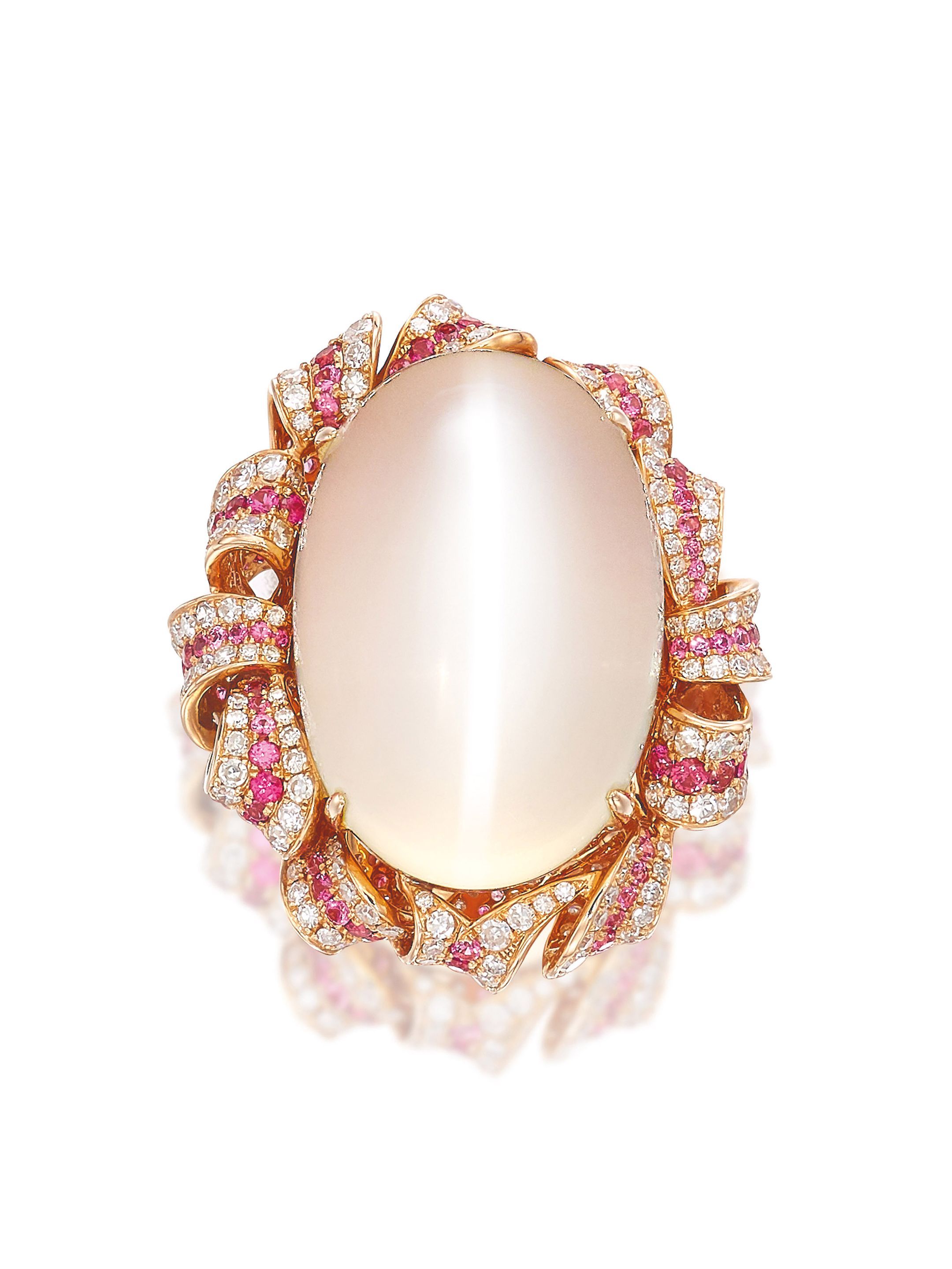 Bonhams : CAT'S EYE MOONSTONE, COLOURED SAPPHIRE AND DIAMOND 'RIBBON' RING