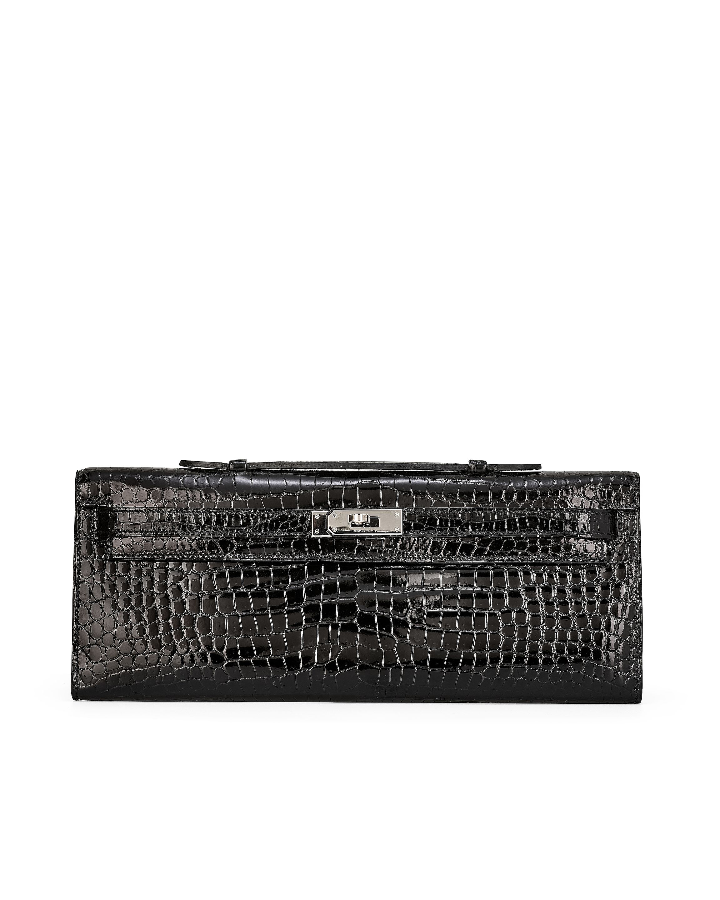 Bonhams : HERMÈS BLACK SHINY CROCODILE POROSUS KELLY CUT WITH PALLADIUM ...