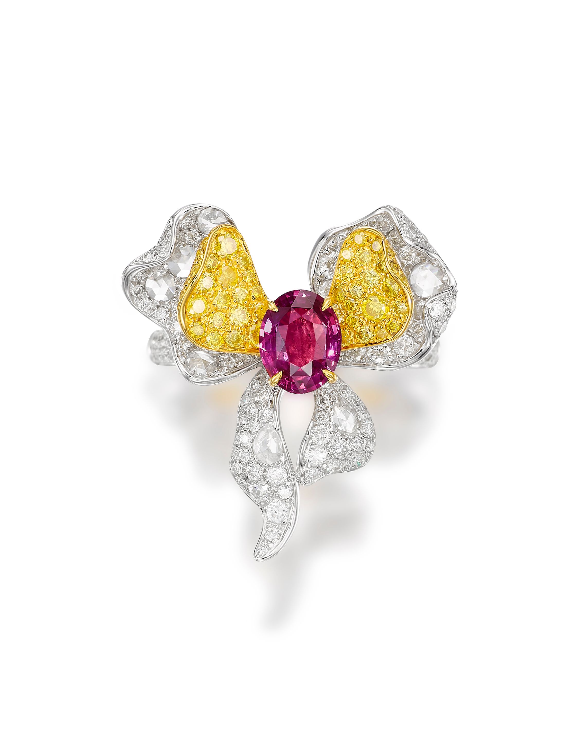 Bonhams : RUBY, COLOURED DIAMOND AND DIAMOND 'RIBBON' RING