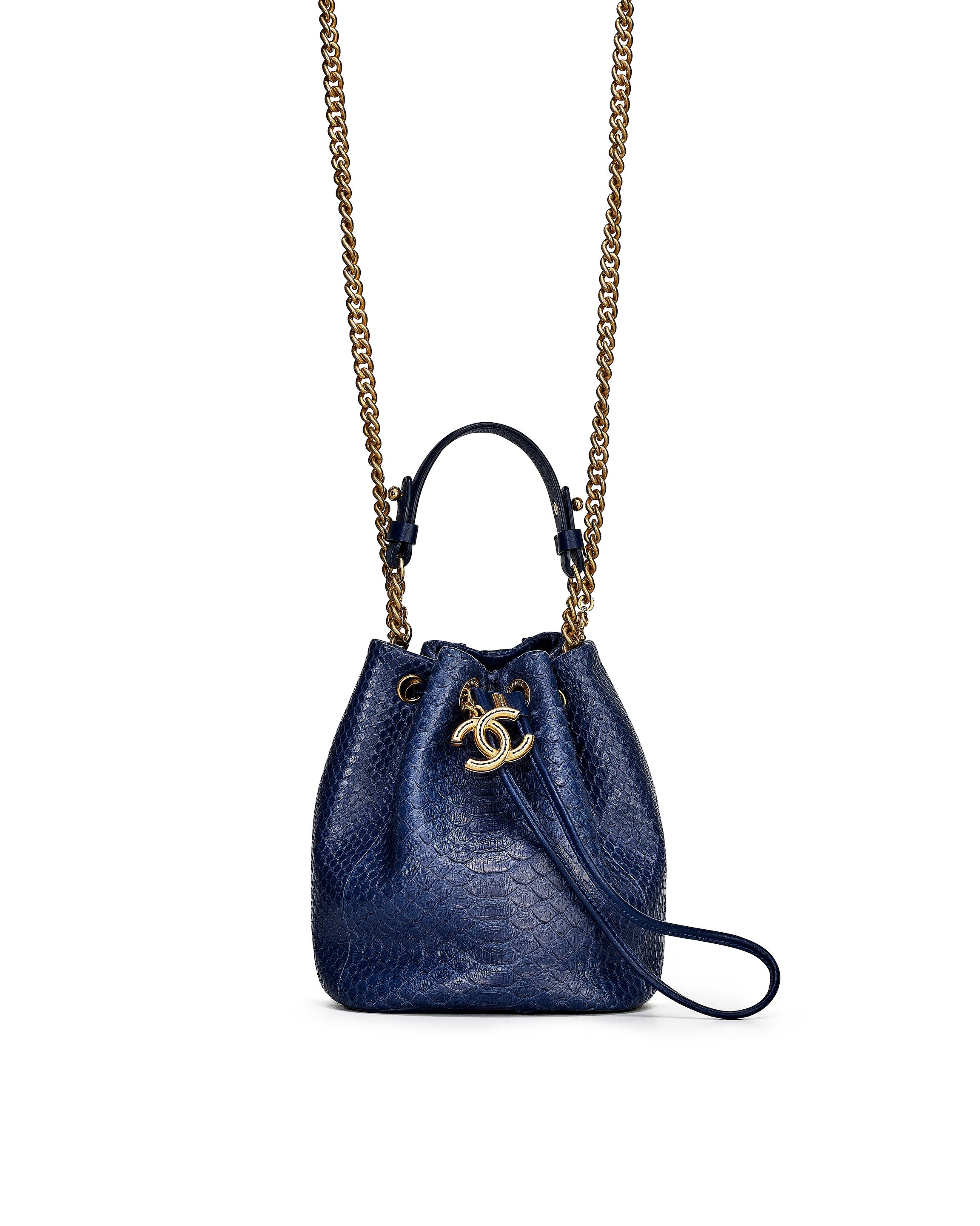 Bonhams : CHANEL BLUE PYTHON BUCKET BAG WITH POLISHED GOLD TONED ...
